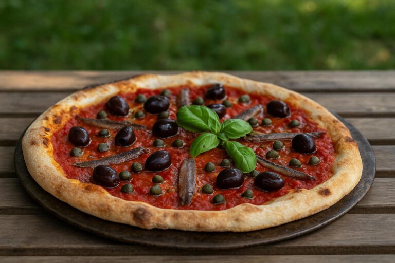 Pizza Napoli – mit Sardellen, Kapern & Oliven – MietzCuisine